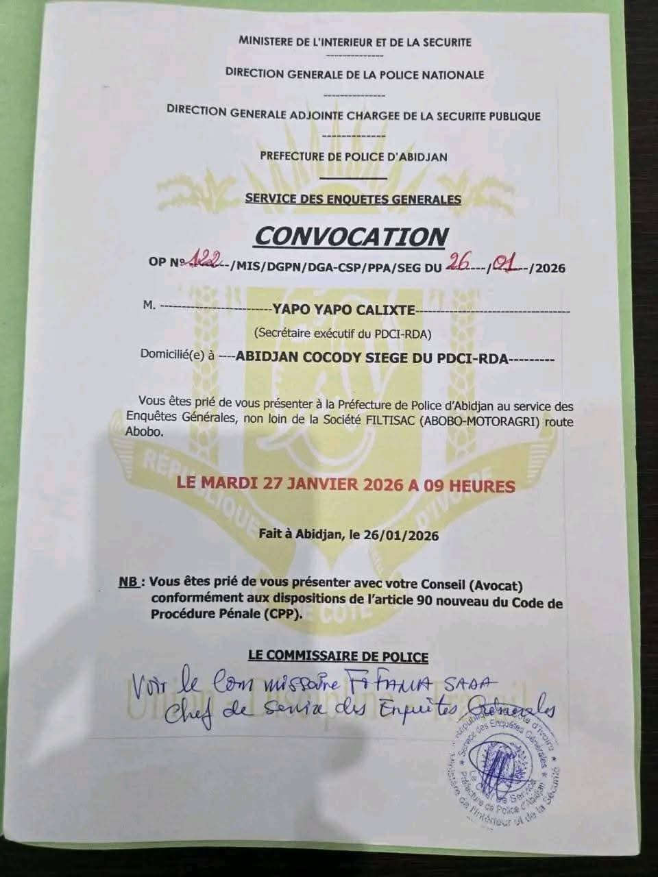 PDCI-RDA/ Le Secrétaire Exécutif, Yapo Calixte convoqué à la préfecture ...